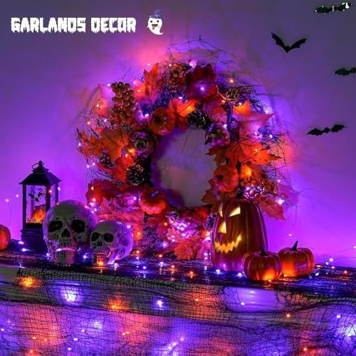 2 Pack Orange and Purple Halloween Lights Battery Operated, Total 200 ...