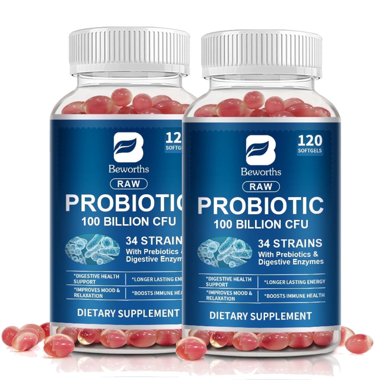 (2 Pack) 100 Billion CFU Probiotics with Prebiotics – 34 Strains for ...