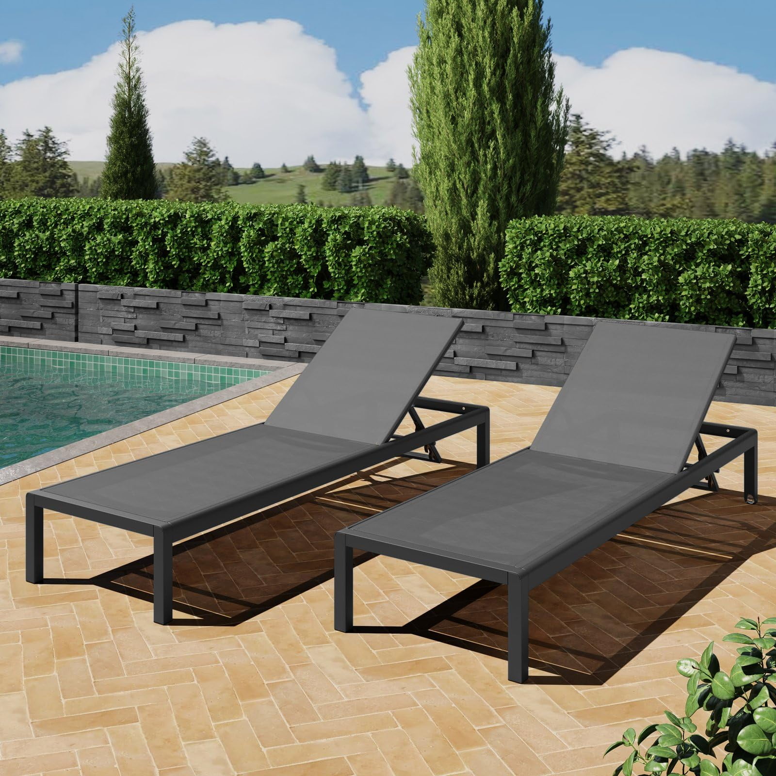 2-Pack Outdoor Chaise Lounge with Adjustable Backrest, Black + Gray ...