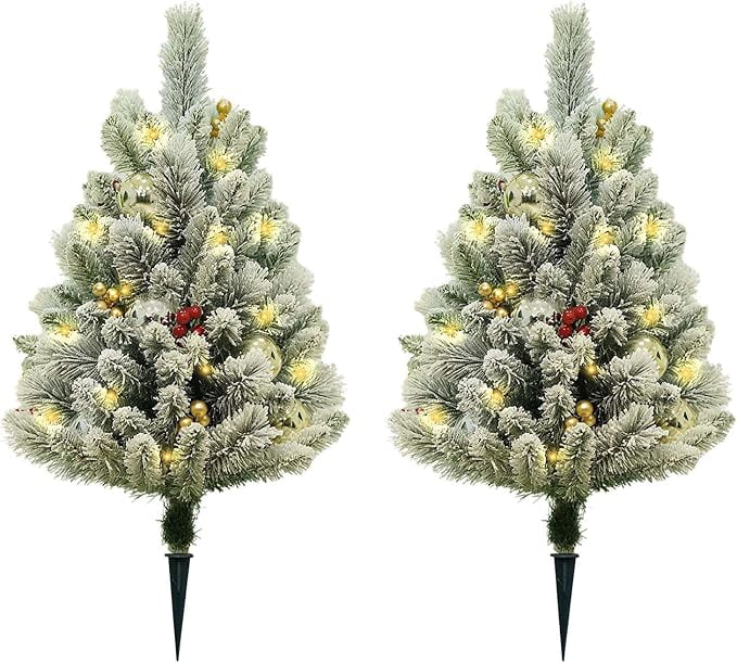 2 Pack Outdoor Christmas Tree 24 INCH, Flocked Christmas Tree with 50 ...