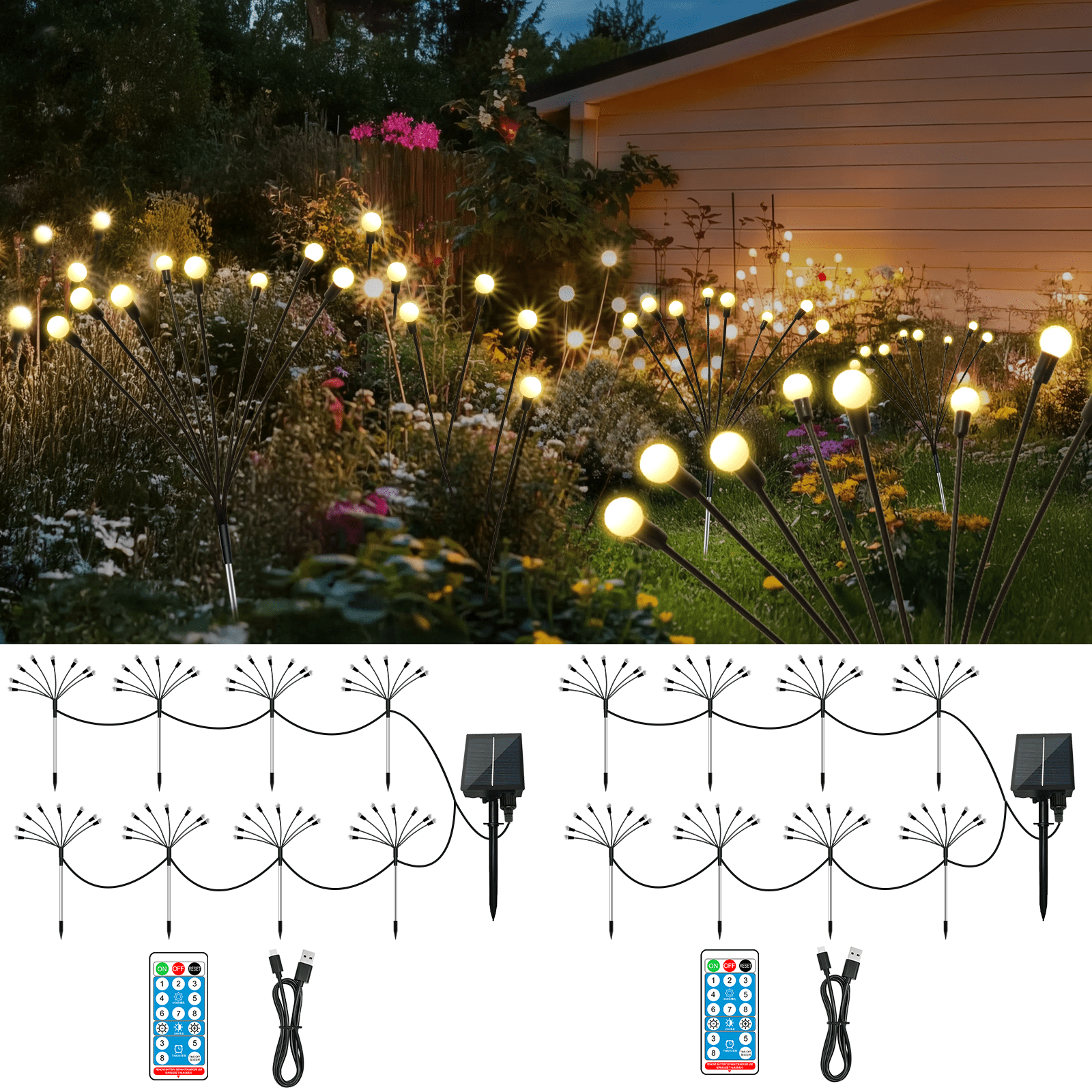 2 Pack Outdoor Garden Lights Solar Powered, 64 LED Firefly Lights ...