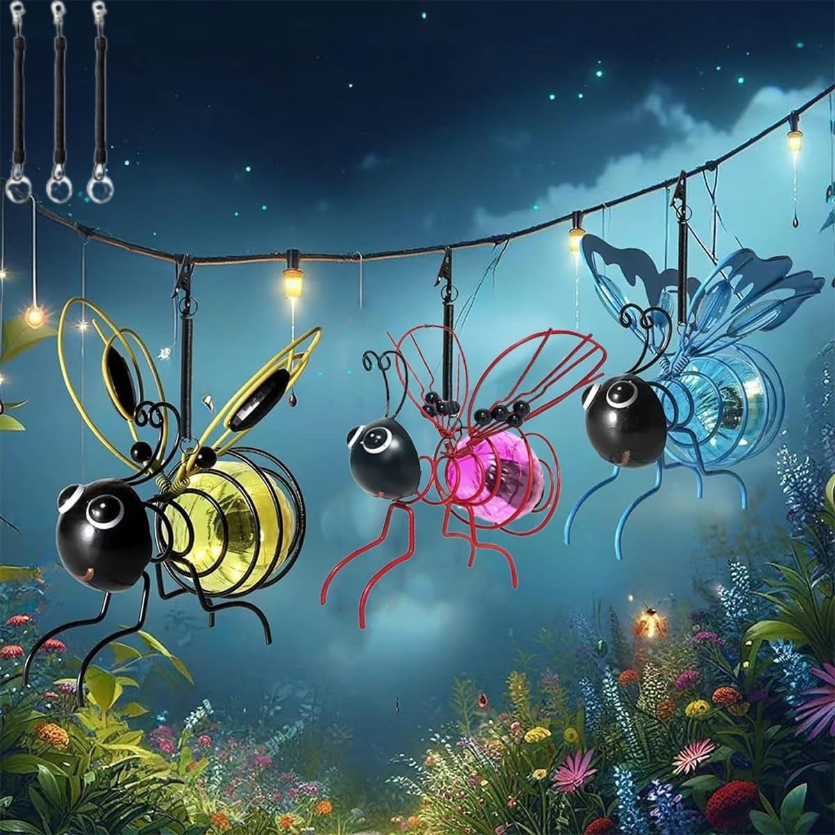 2 Pack Outdoor Hanging Solar Bee Simulation Lights, Insect Bees Garden ...