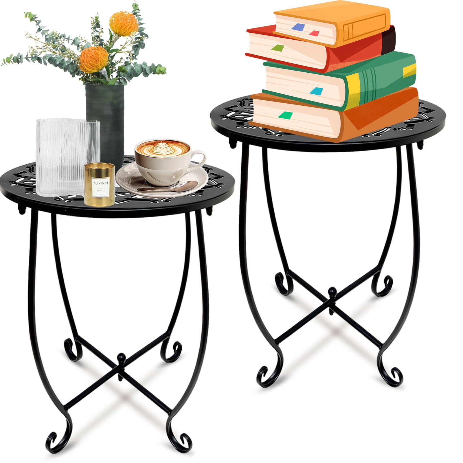 2 Pack Outdoor Side Table, 14 Inch Small Round Outdoor End Table Metal ...