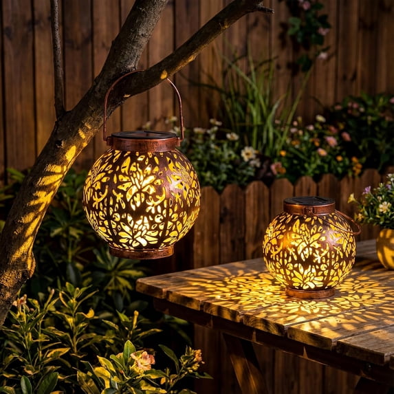 2 Pack Outdoor Solar Hanging Lantern Lights, Waterproof Tabletop with ...