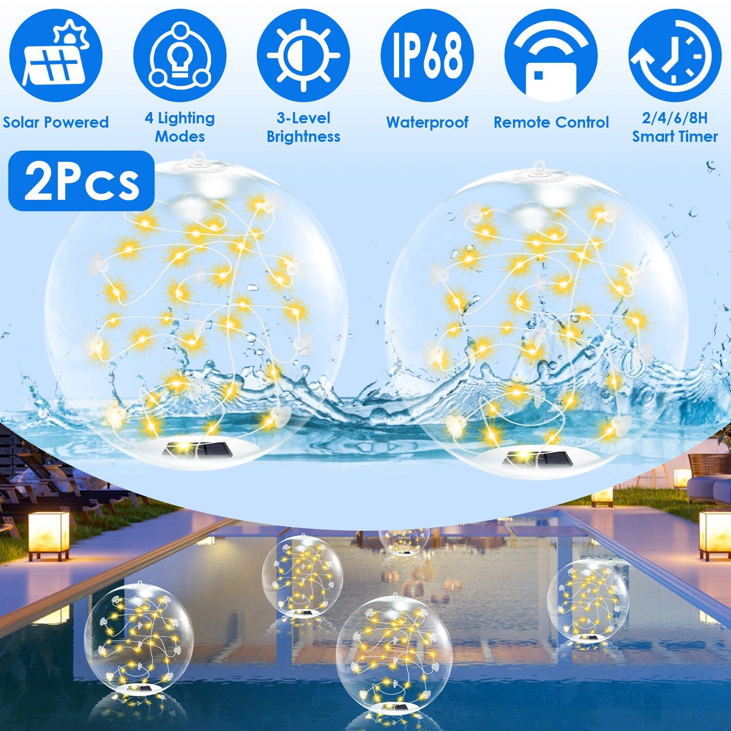2 Pack Outdoor Solar Pool Lights, LED Light Up with , 3200K Warm Glow ...