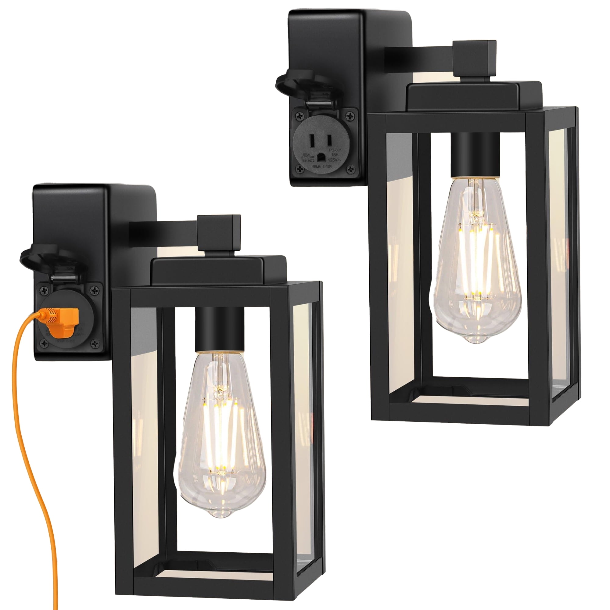 2-Pack Outdoor Wall Sconce with Outlet, Waterproof Porch Light Fixtures ...