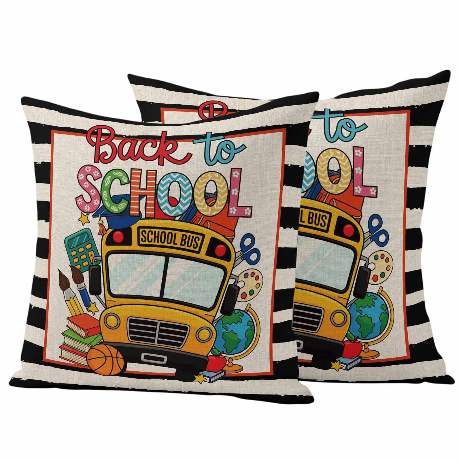 2 Pack Outdoor Waterproof Throw Pillow Covers,Back To School Bus Book ...