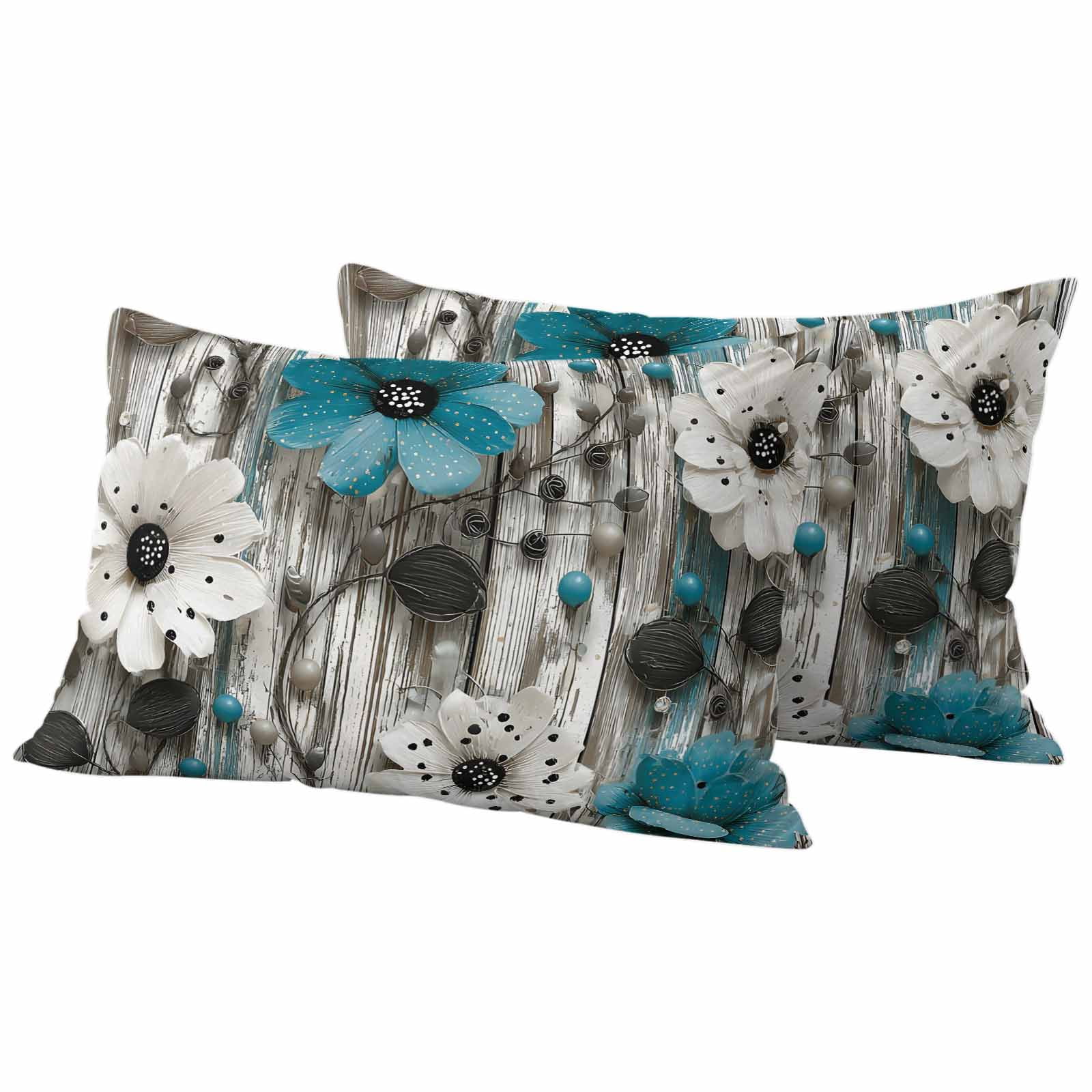 2 Pack Outdoor Waterproof Throw Pillow Covers,Blue White Floral Retro ...