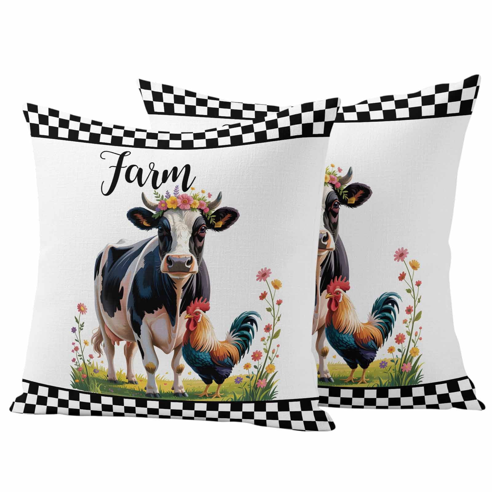 2 Pack Outdoor Waterproof Throw Pillow Covers,Farm Animals Cow Rooster ...