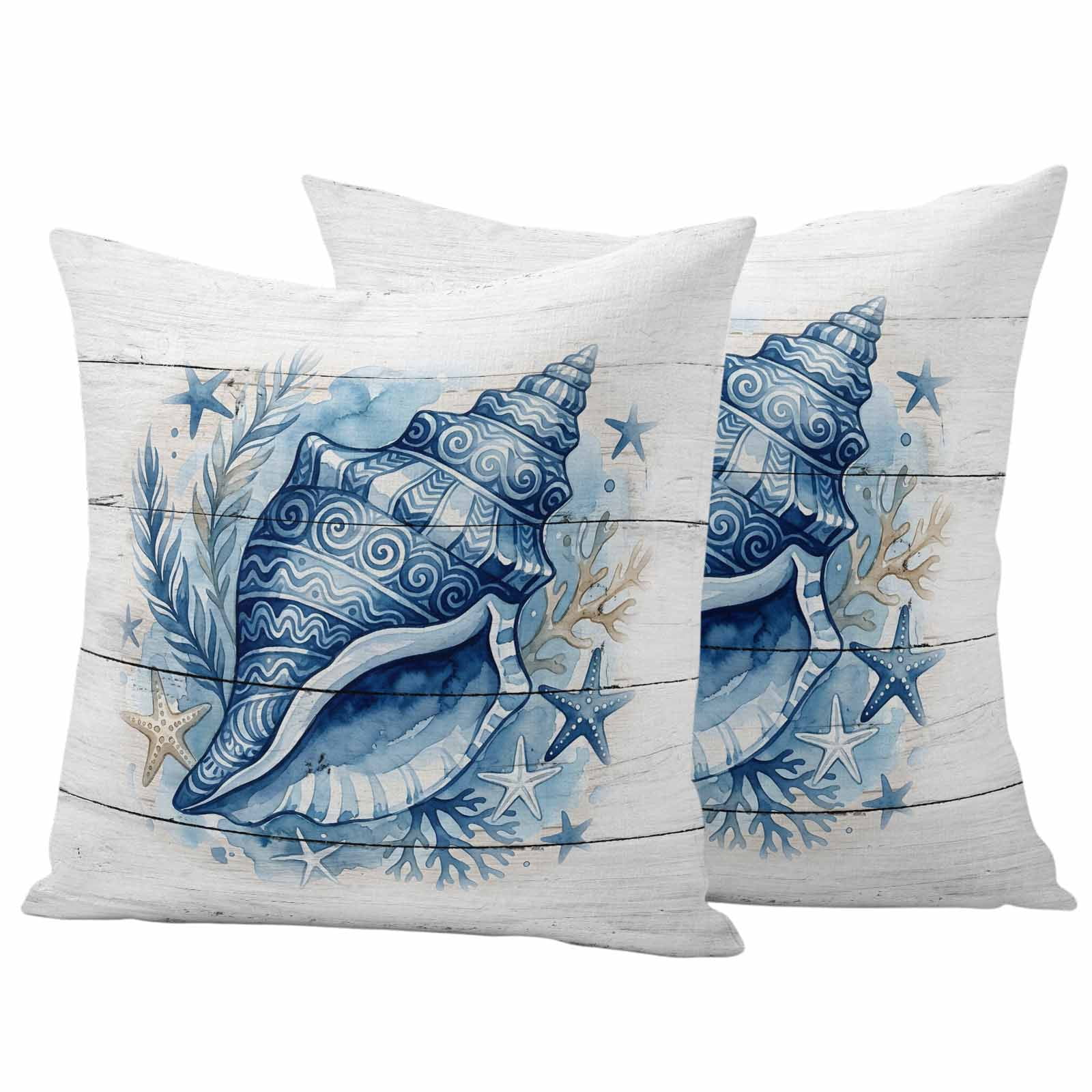 2 Pack Outdoor Waterproof Throw Pillow Covers,Summer Blue Sea Snails ...