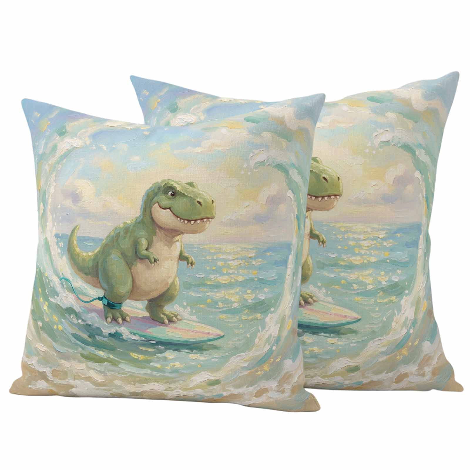 2 Pack Outdoor Waterproof Throw Pillow Covers,Surfing Dinosaur Beach ...