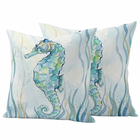 2 Pack Outdoor Waterproof Throw Pillow Covers,Watercolor Ocean Seahorse ...