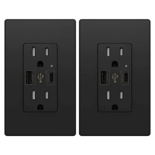 2 Pack Outlet With USB C & A, 4.8A Receptacle 15 Amp,Wall Socket Plate ...