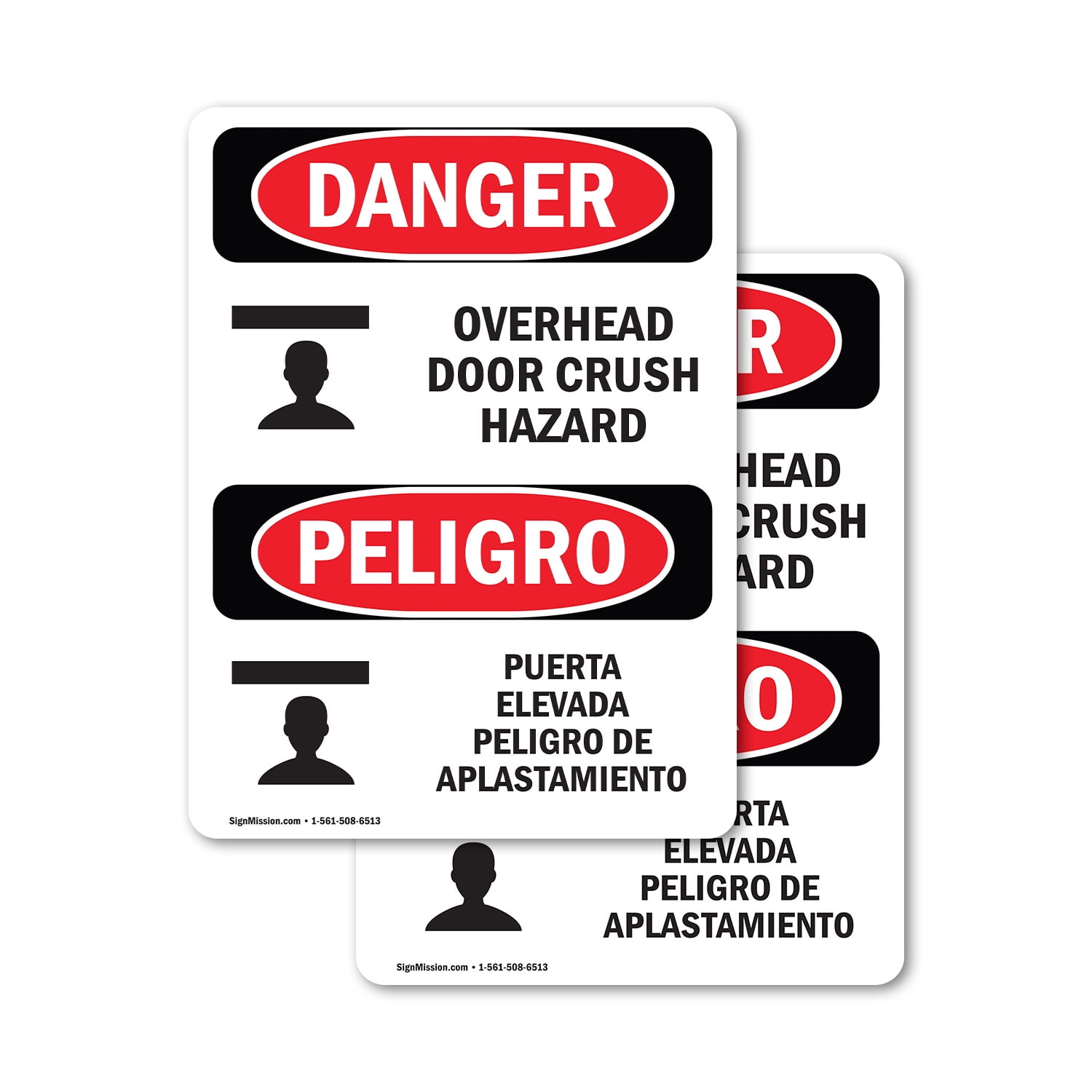 (2 Pack) Overhead Door Crush Hazard Bilingual OSHA Danger Sign ...