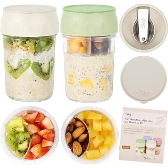 2 Pack Overnight Oats Containers with Lids, Folding Spoons, and Divided ...