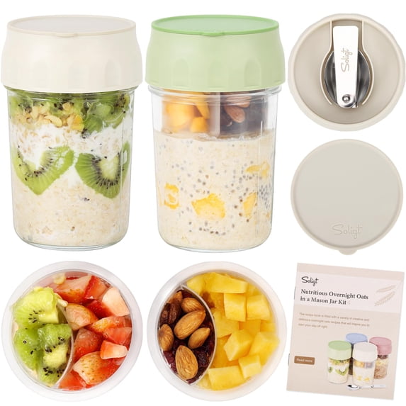 2 Pack Overnight Oats Containers with Lids, Folding Spoons and Divided ...