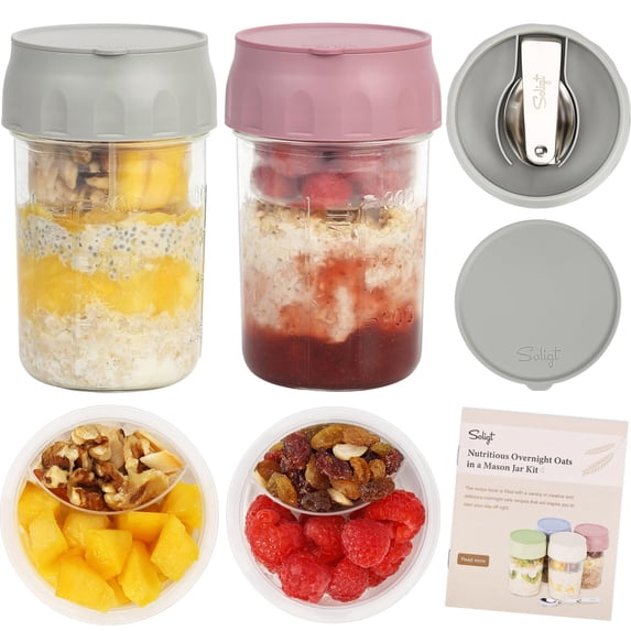 2 Pack Overnight Oats Containers with Lids, Folding Spoons and Divided ...