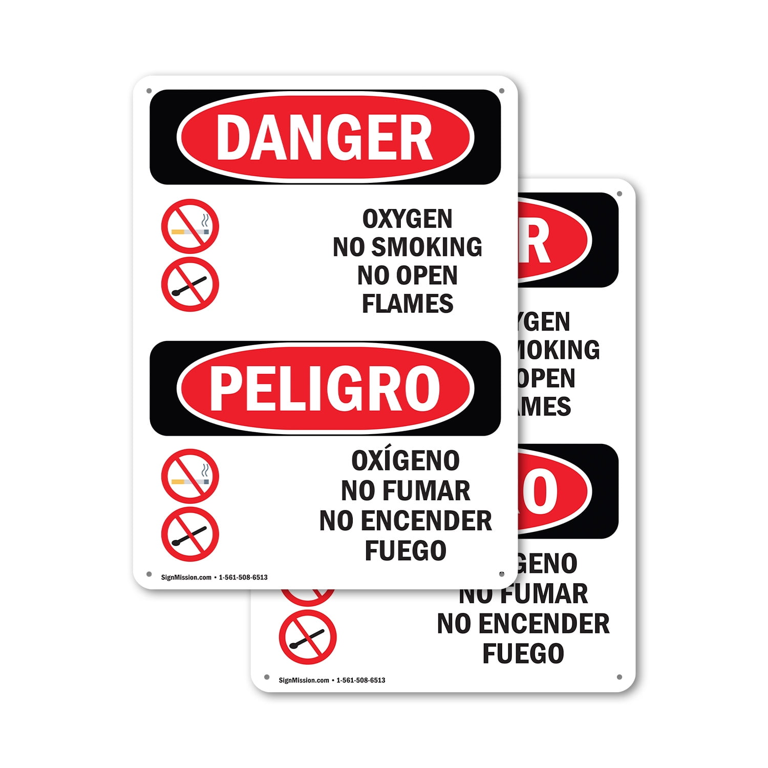 (2 Pack) Oxygen No Smoking No Open Flames Bilingual OSHA Danger Sign 10 ...