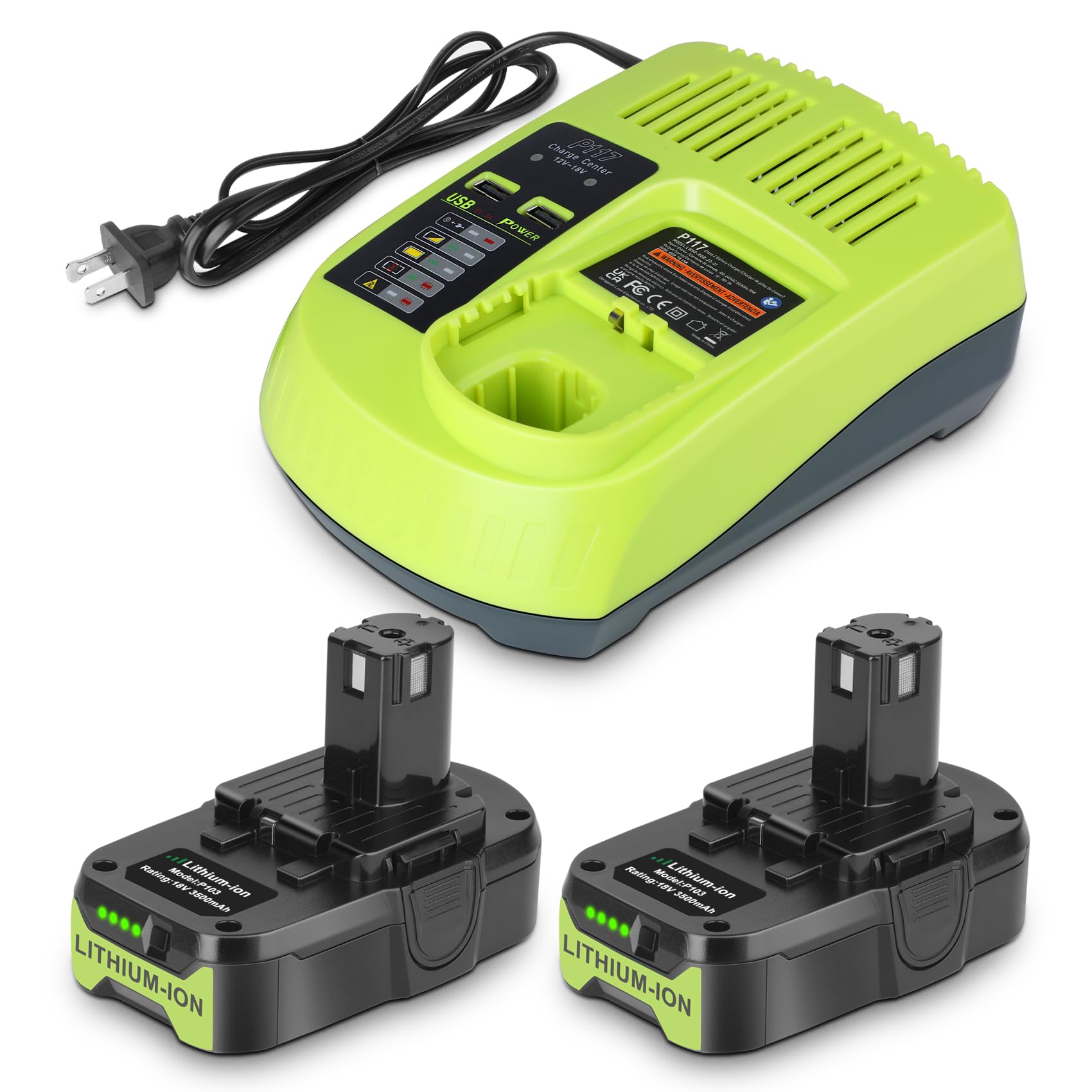 2 Pack P102 18V Battery and Charger Combo Compatible for Ryobi 18V ...