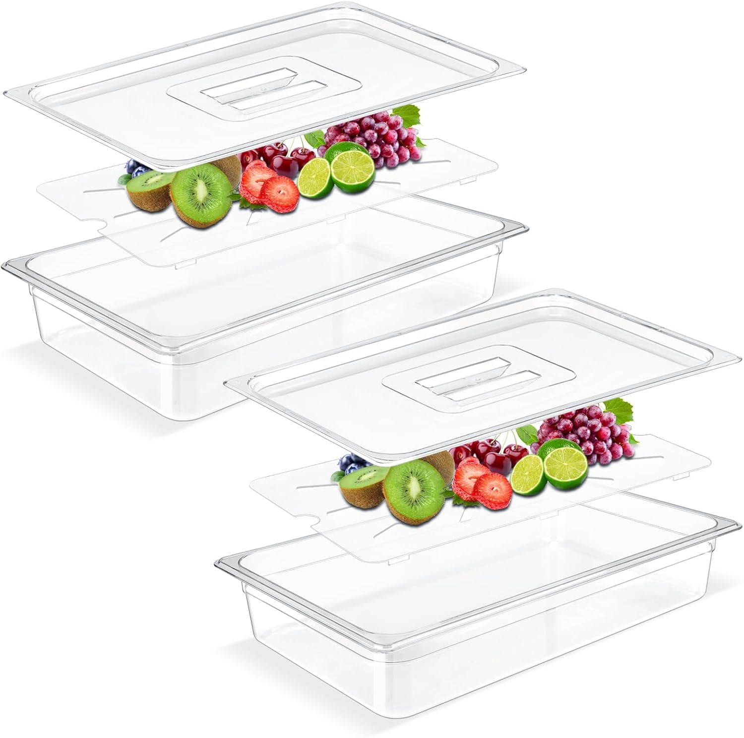 2 Pack PET Food Pans Set 4'' Deep Clear Hotel Pans with Lids and Drain ...