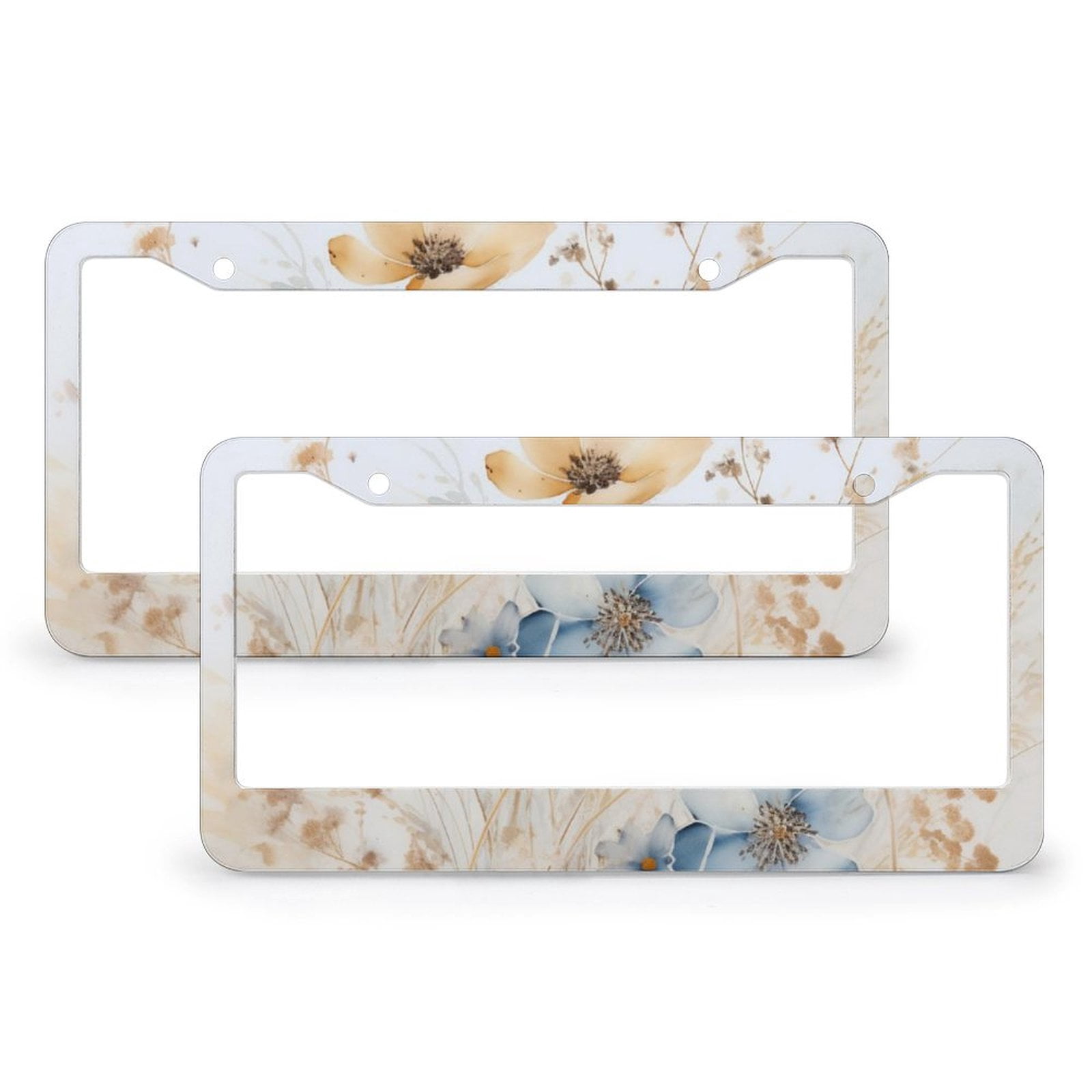 2 Pack Painting of White, Blue And Brown Flowers License Plate Frame ...