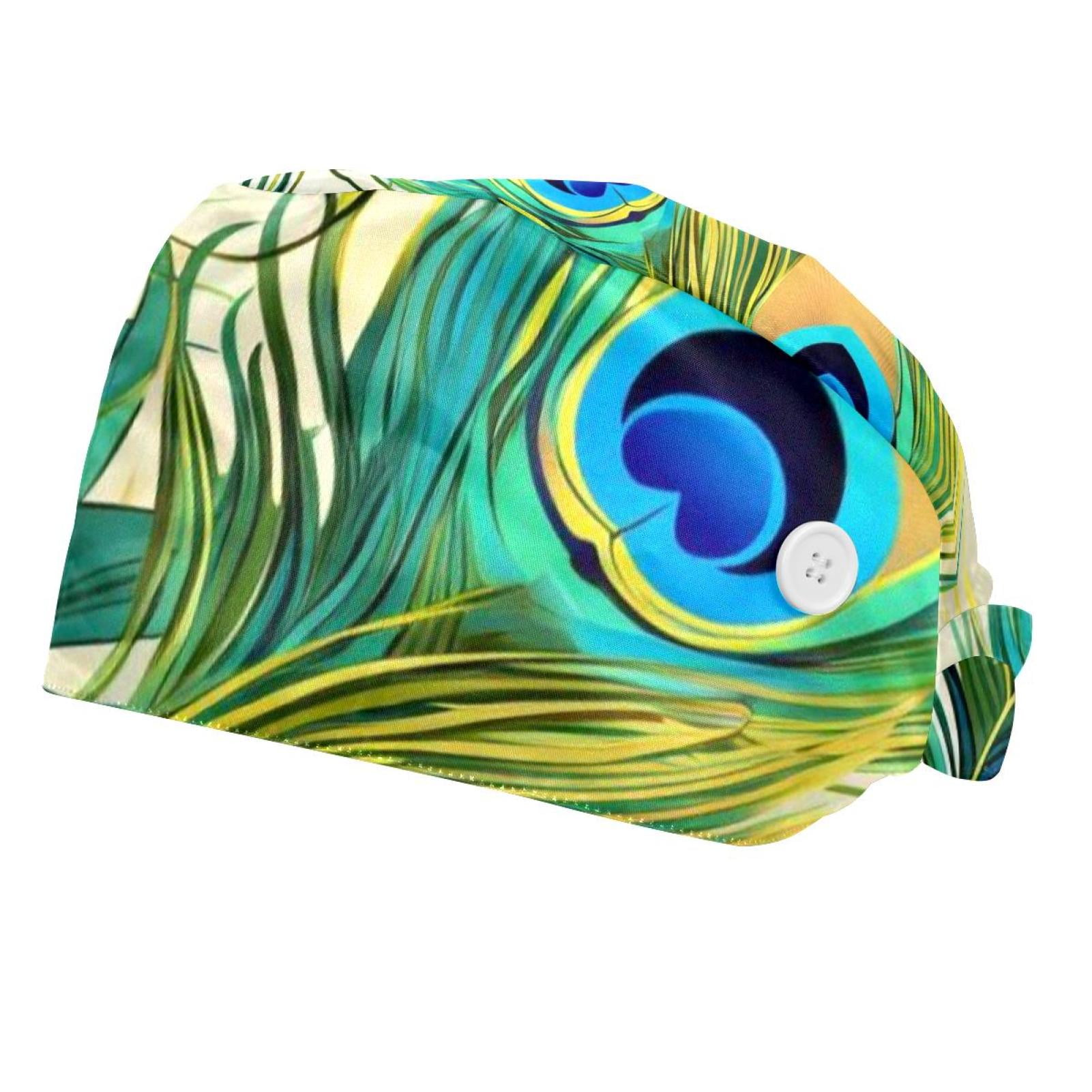 2 Pack Peacock Feather Adjustable Bouffant Caps Hats Working Cap ...