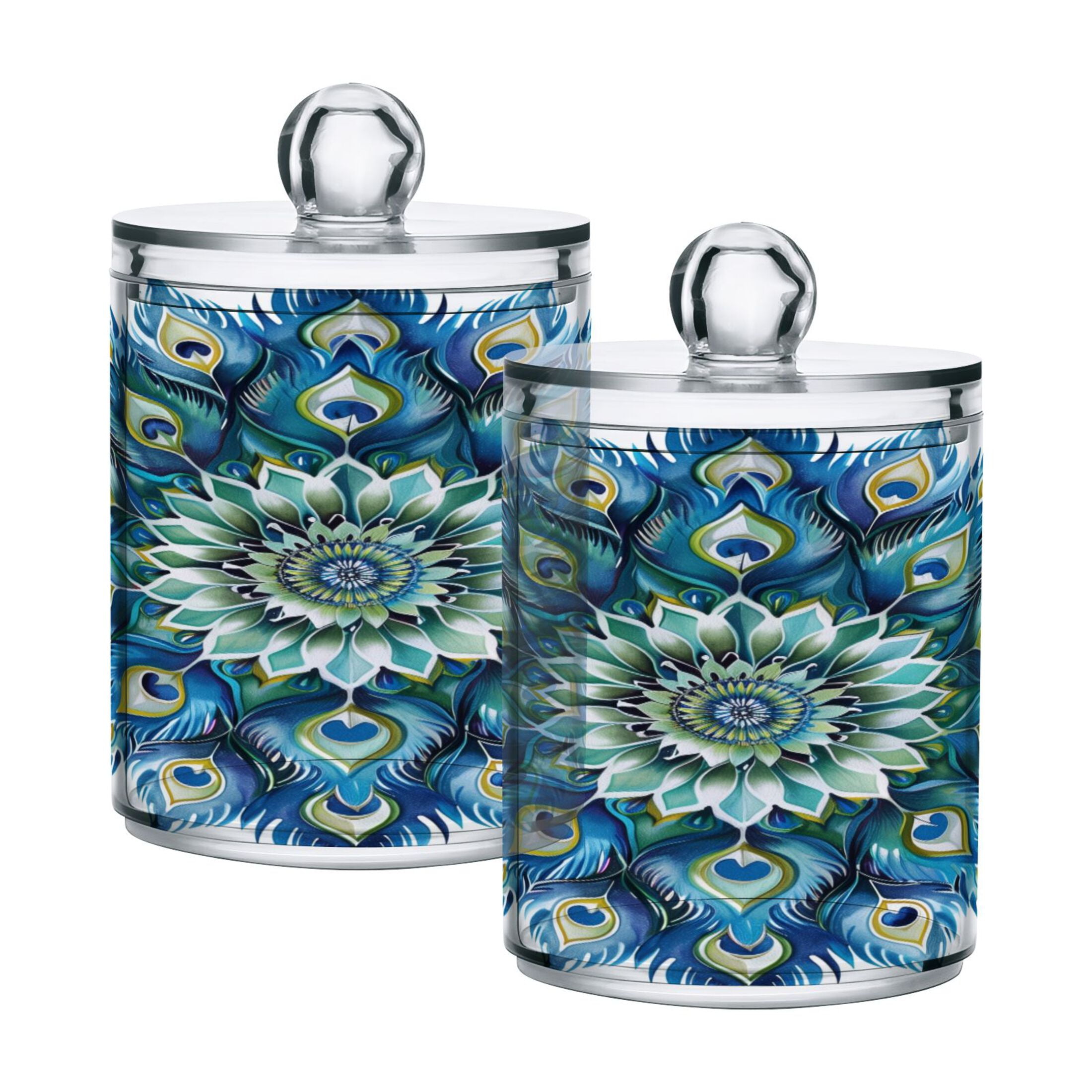 2 Pack Peacock Feathers Mandala Qtip Holder Dispenser Clear Plastic ...