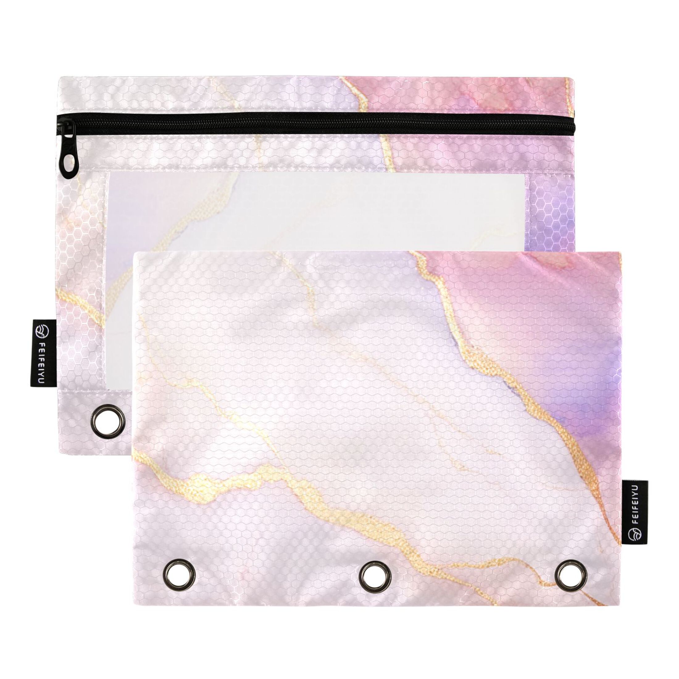 2 Pack Pencil Pouch for 3 Ring Binder Pink Marble Pencil Case Clear Window Zipper Pencil Bag ...