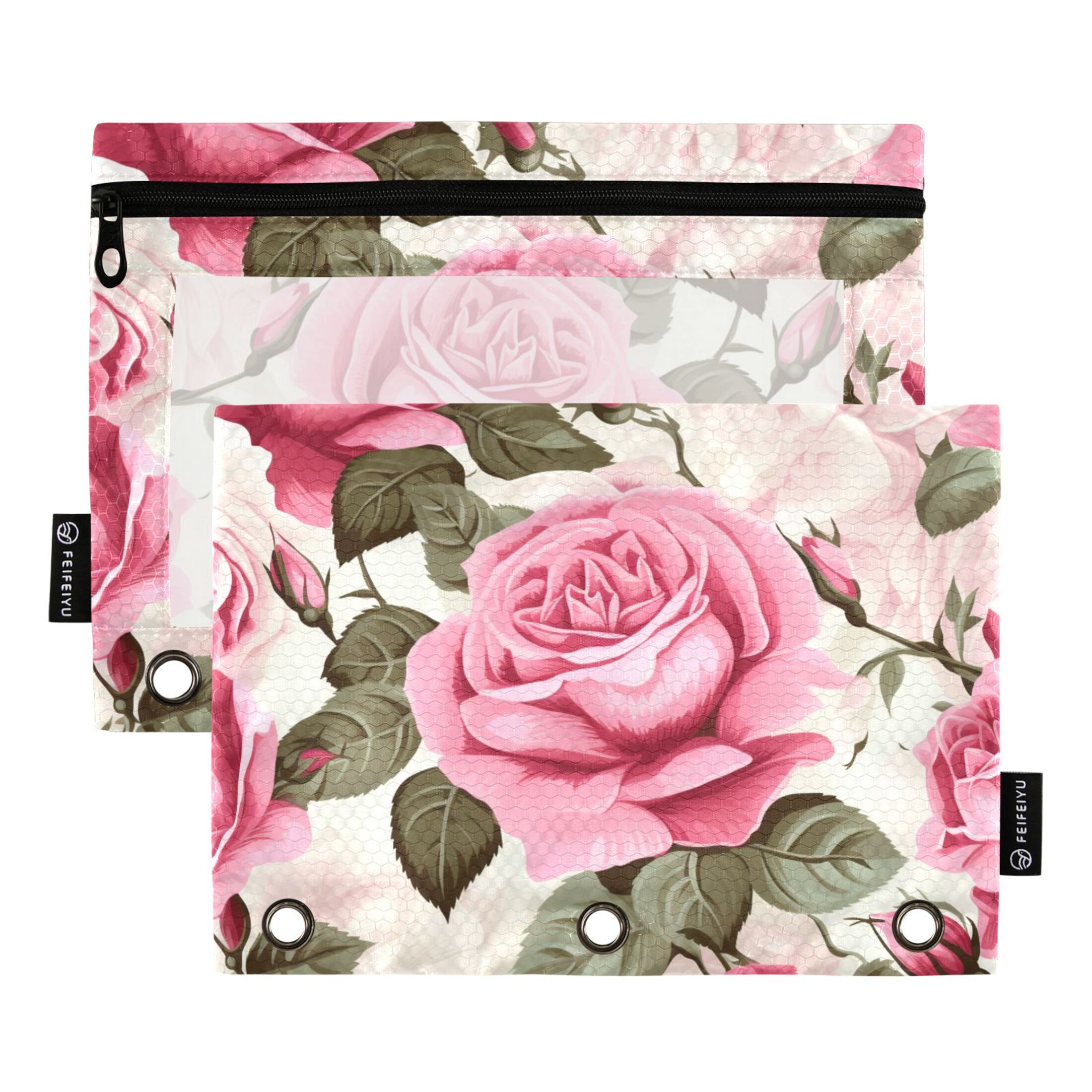 2 Pack Pencil Pouch for 3 Ring Binder Roses Flower Pencil Case Clear Window Zipper Pencil Bag ...
