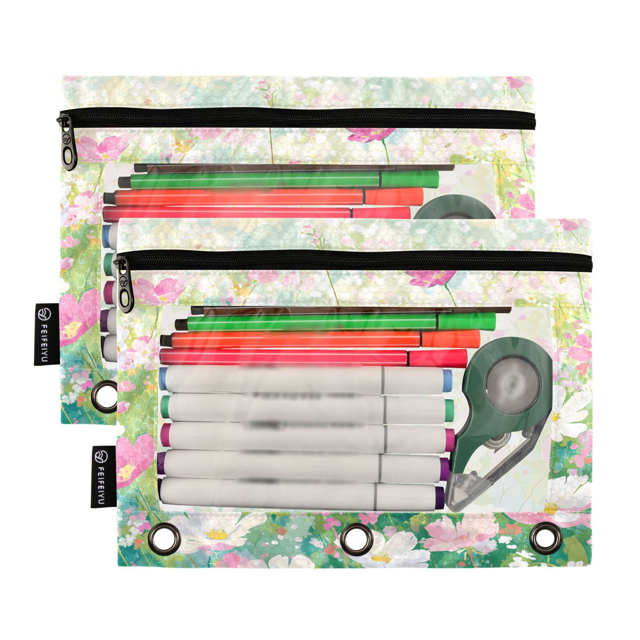 2 Pack Pencil Pouch for 3 Ring Binder Smooth Zipper Folders with Pockets Clear Window Pencil ...