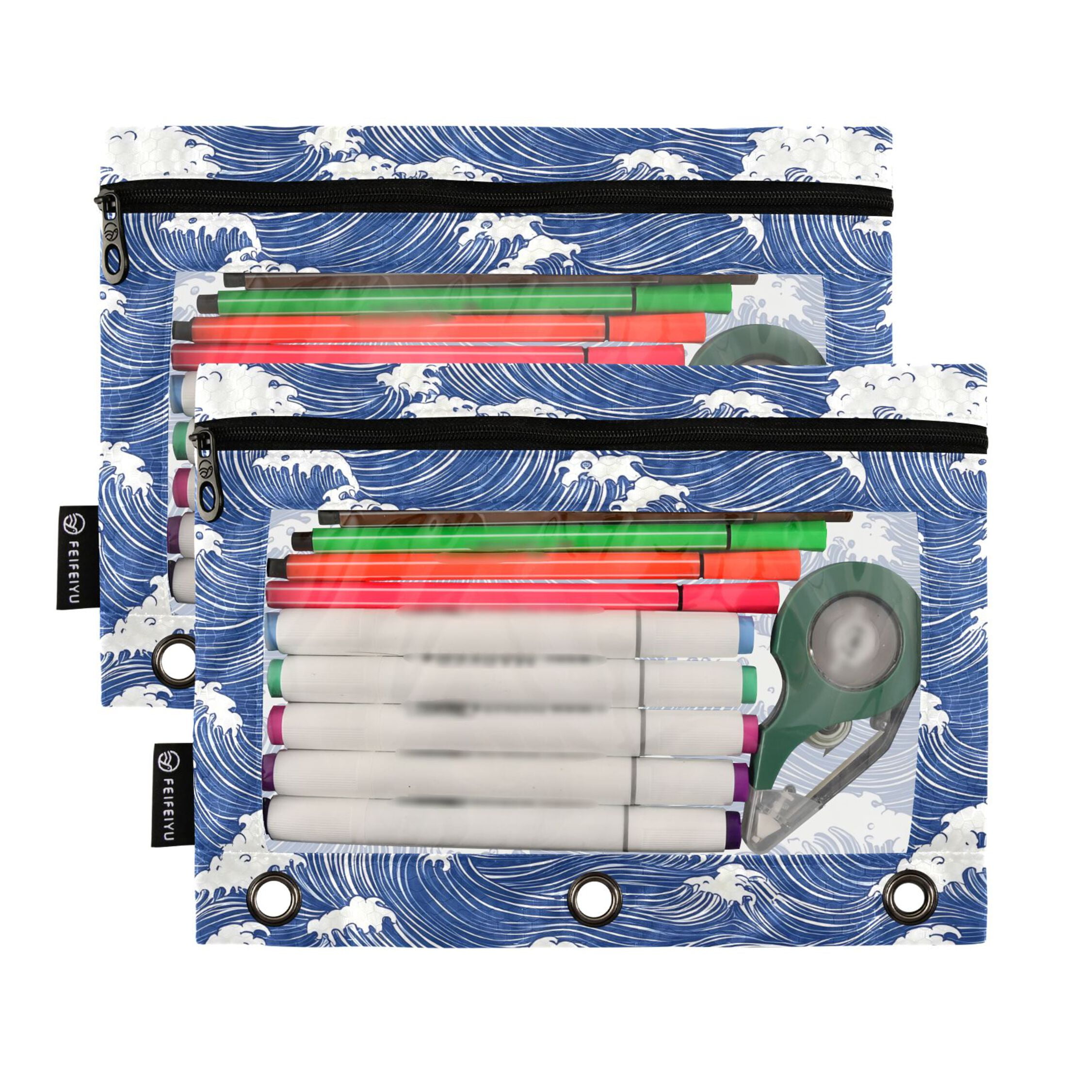 2 Pack Pencil Pouch for 3 Ring Binder Smooth Zipper Folders with Pockets Clear Window Pencil ...