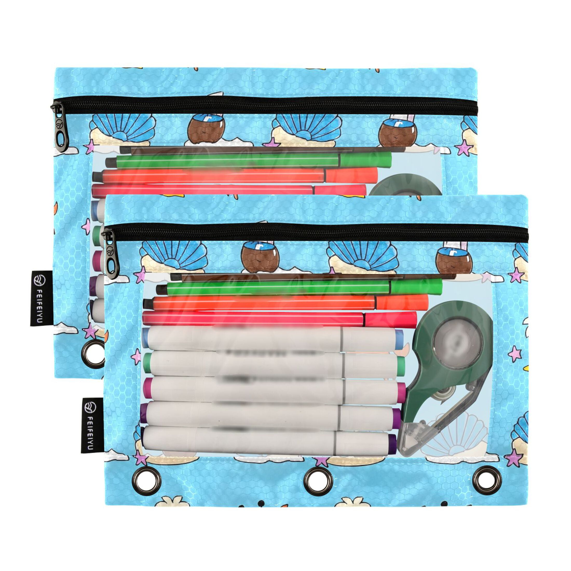 2 Pack Pencil Pouch for 3 Ring Binder Smooth Zipper Folders with Pockets Clear Window Pencil ...