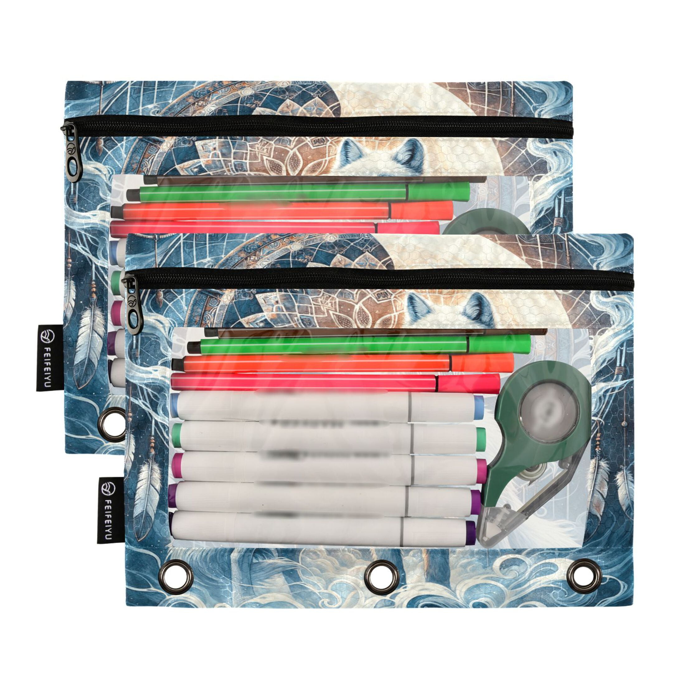 2 Pack Pencil Pouch for 3 Ring Binder Smooth Zipper Folders with Pockets Clear Window Pencil ...