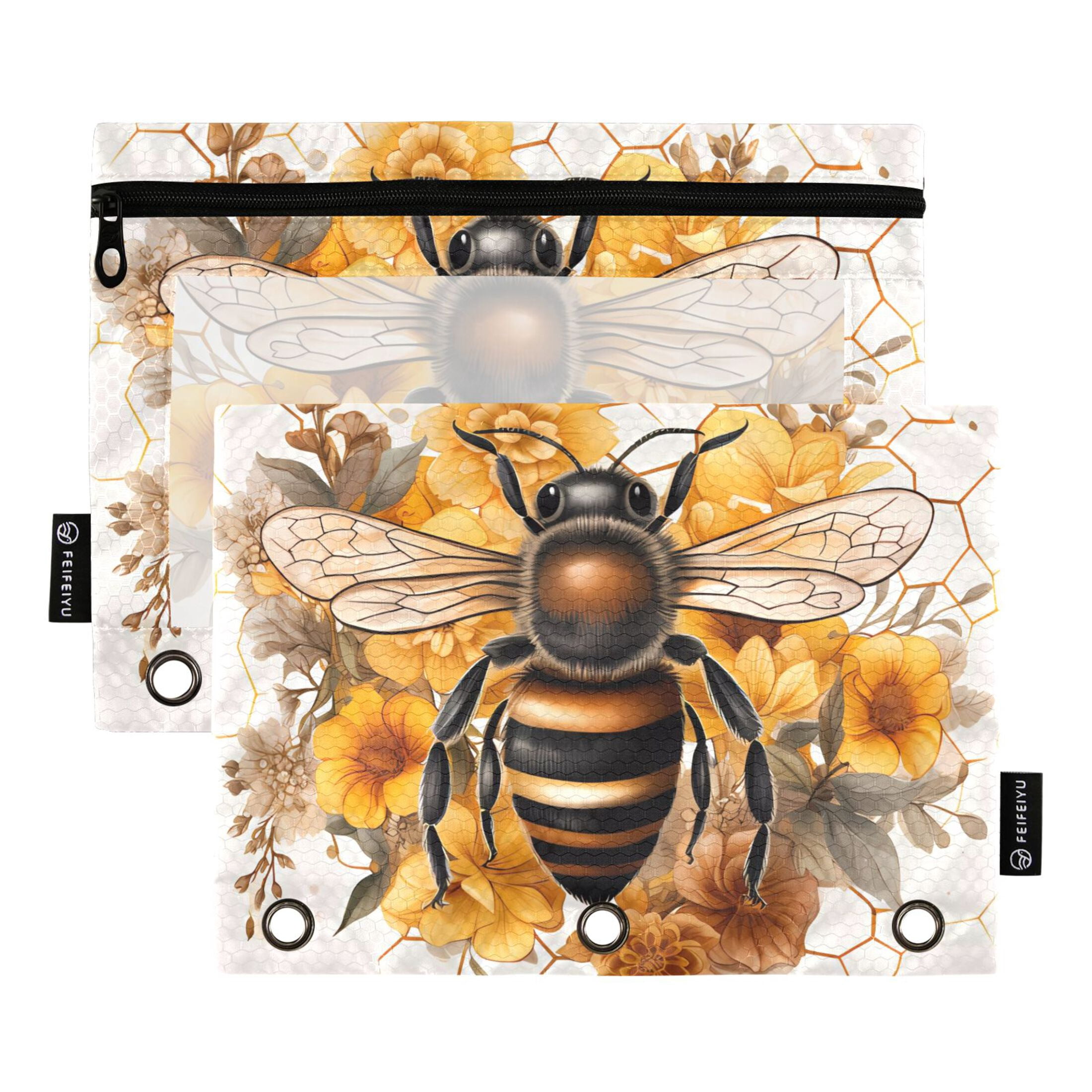 2 Pack Pencil Pouch for 3 Ring Binder Zipper Pencil Case Bee with Honey ...