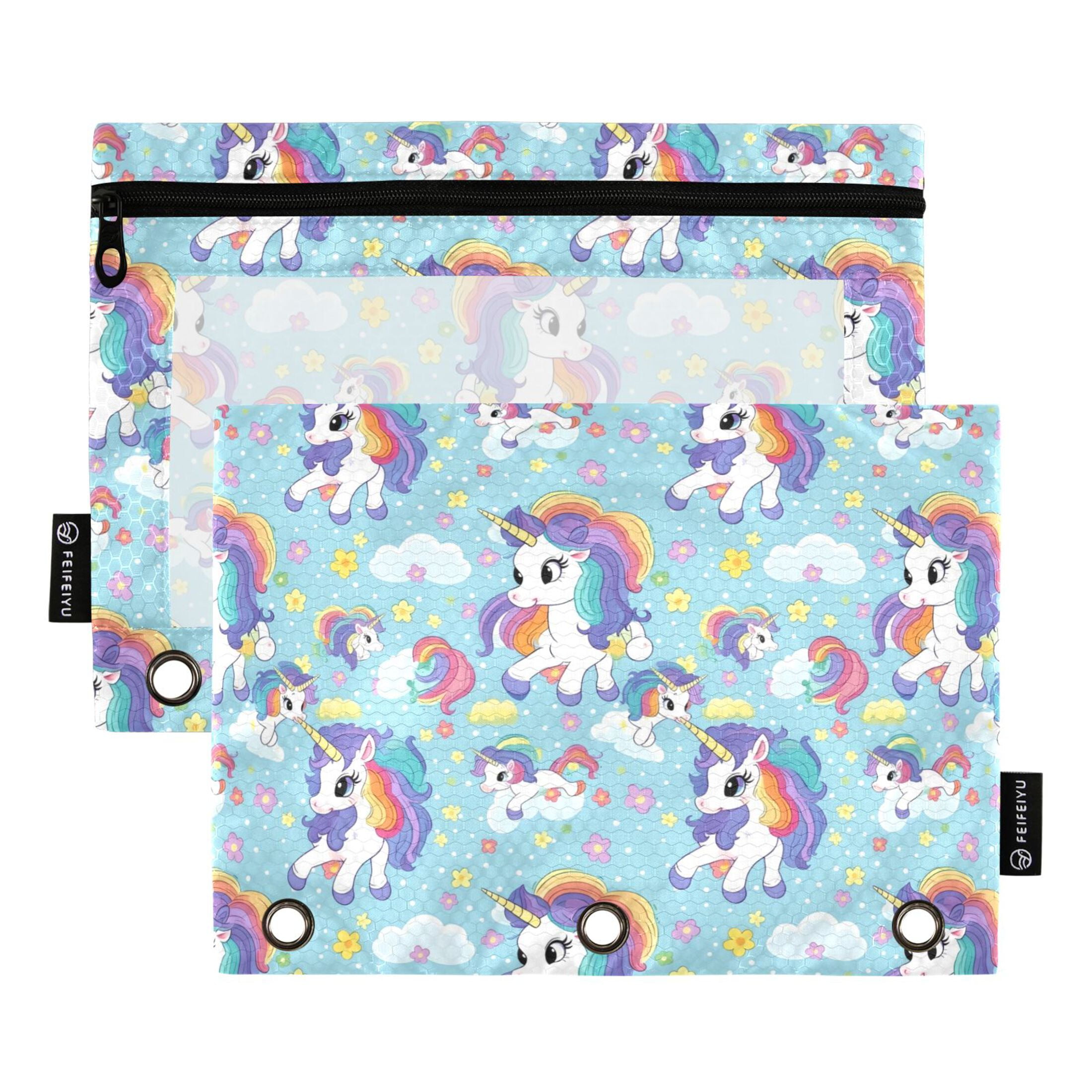 2 Pack Pencil Pouch for 3 Ring Binder Zipper Pencil Case Cute Unicorns ...