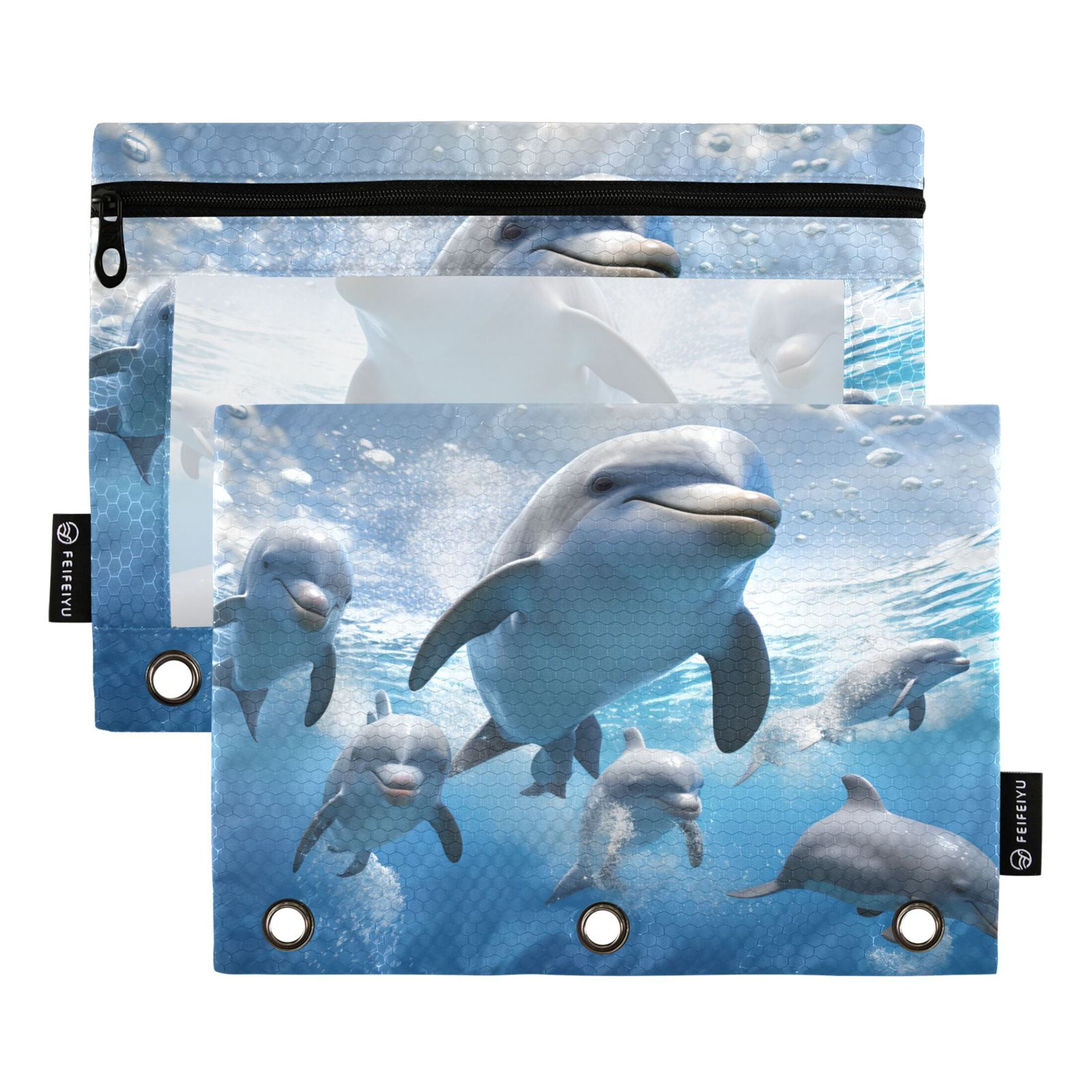 2 Pack Pencil Pouch for 3 Ring Binder Zipper Pencil Case Dolphins Clear ...