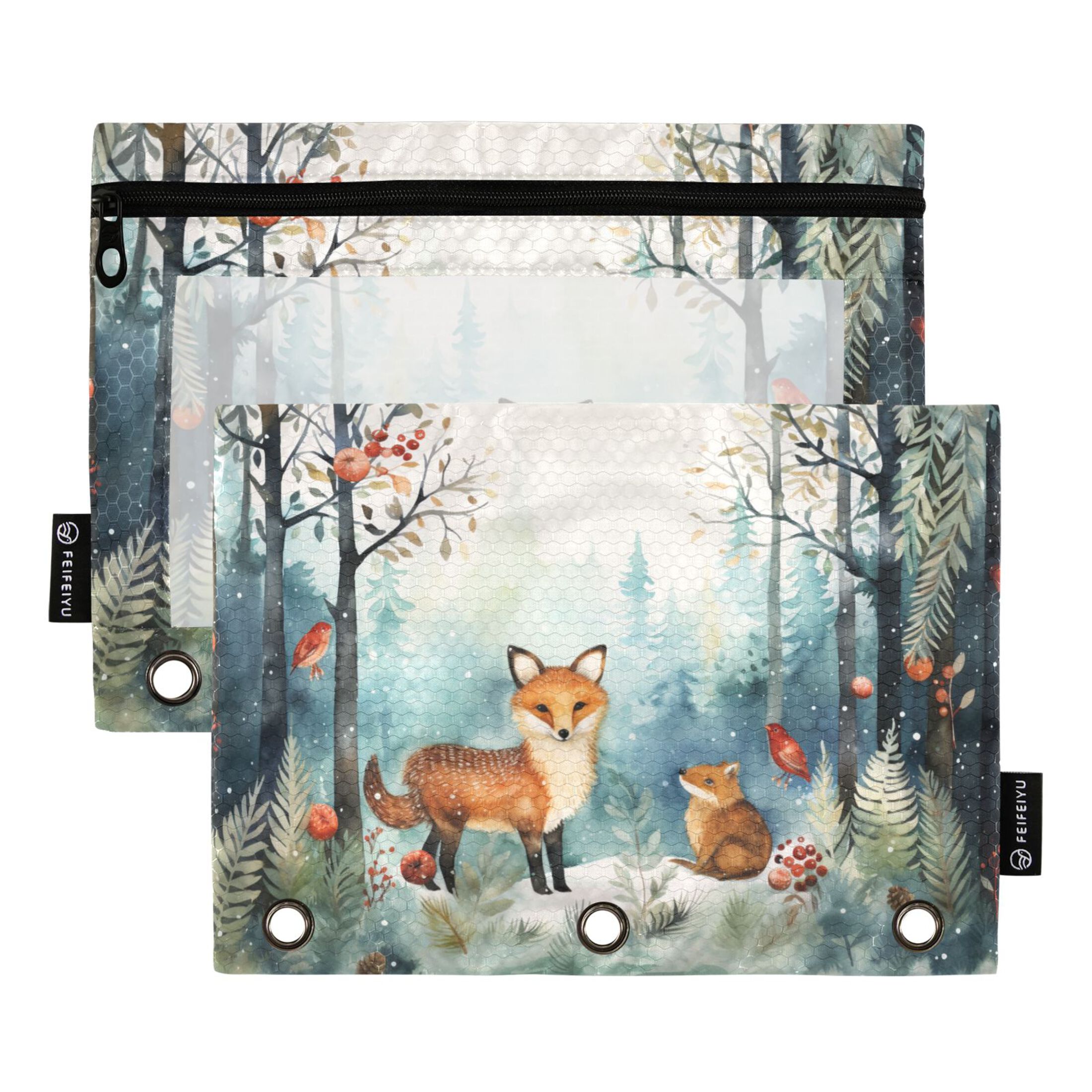 2 Pack Pencil Pouch for 3 Ring Binder Zipper Pencil Case Fox in Forest ...