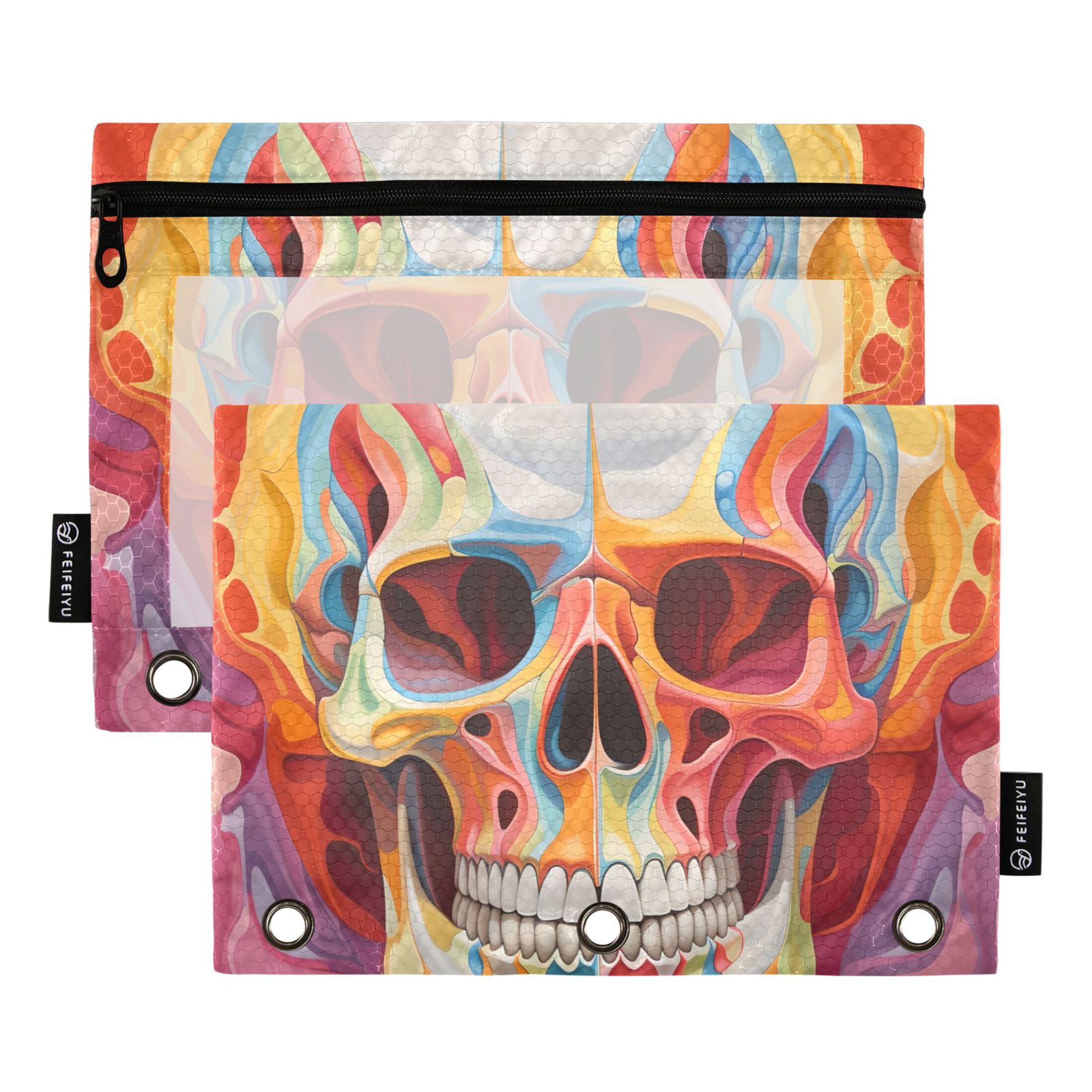 2 Pack Pencil Pouch for 3 Ring Binder Zipper Pencil Case Skull Skeleton ...
