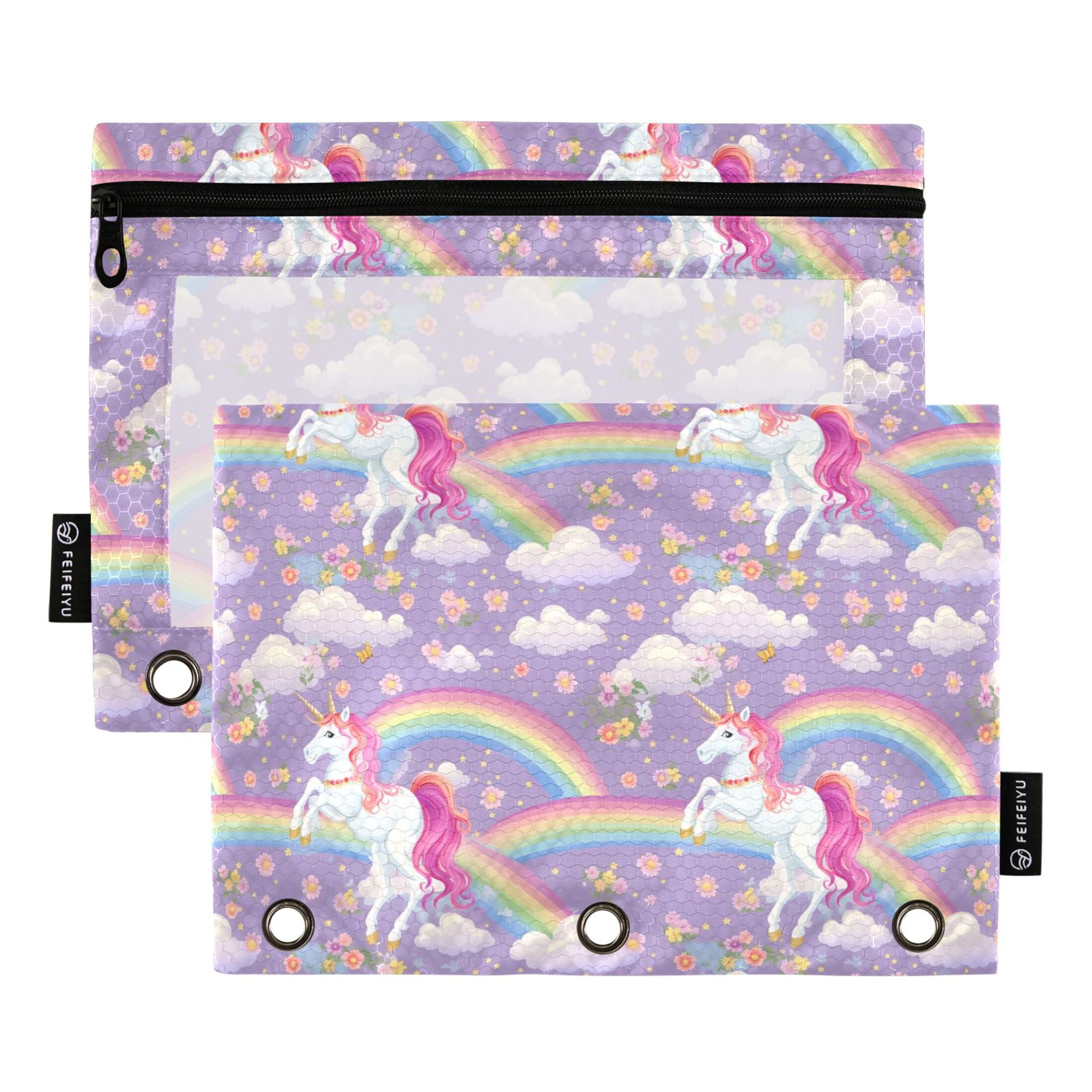 2 Pack Pencil Pouch for 3 Ring Binder Zipper Pencil Case Unicorns and Rainbows Clear Window ...