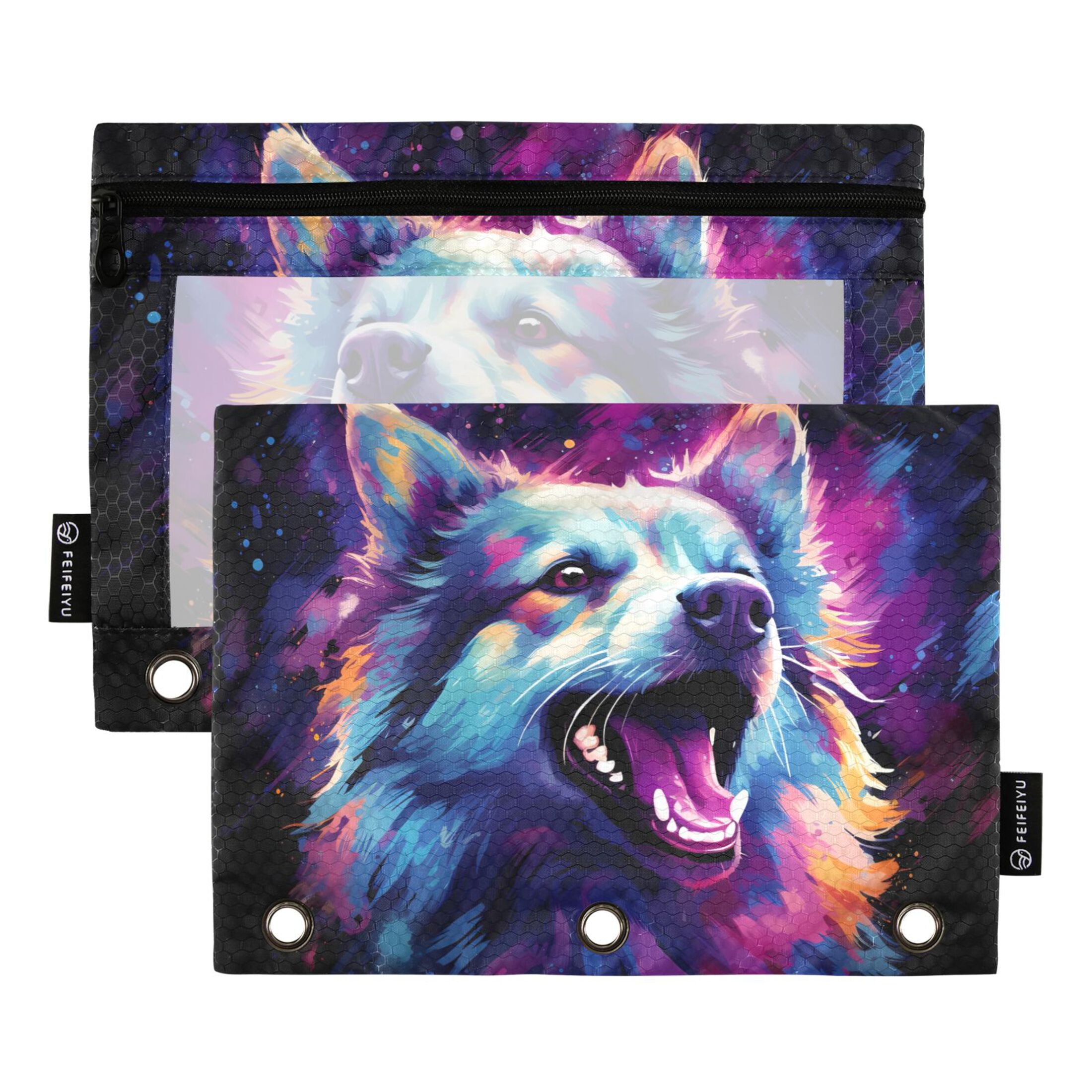 2 Pack Pencil Pouch for 3 Ring Binder Zipper Pencil Case Wolf Abstract ...
