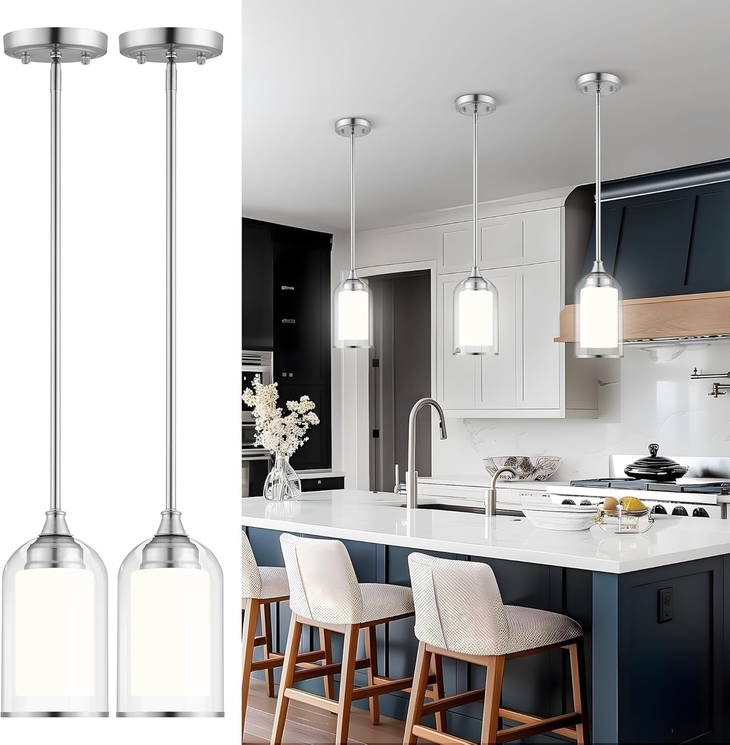 2 Pack Pendant Light Fixtures, Modern Dual Glass Pendant Lights ...