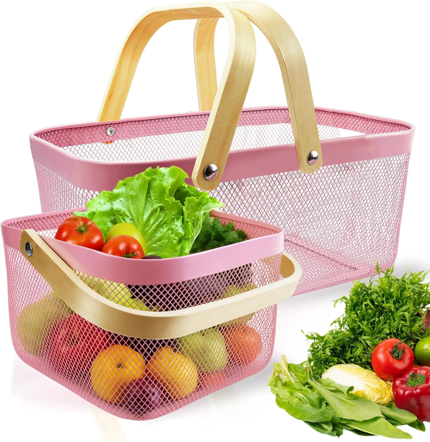 2 Pack Picnic Baskets, Metal Mesh Harvest Basket with Foldable Wooden ...