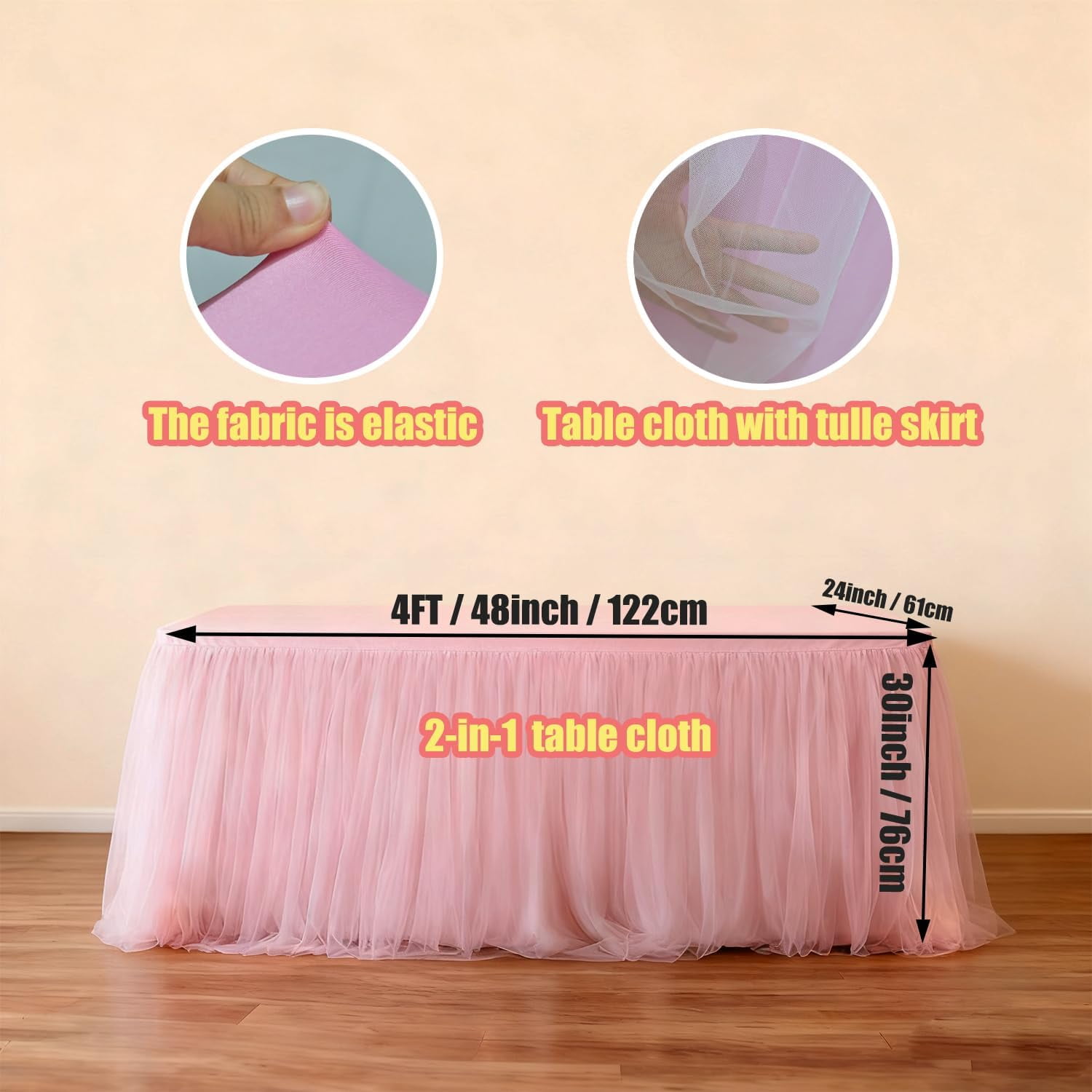 2-Pack Pink 2-in-1 Tulle Tablecloth for 4-Foot Rectangular Table ...