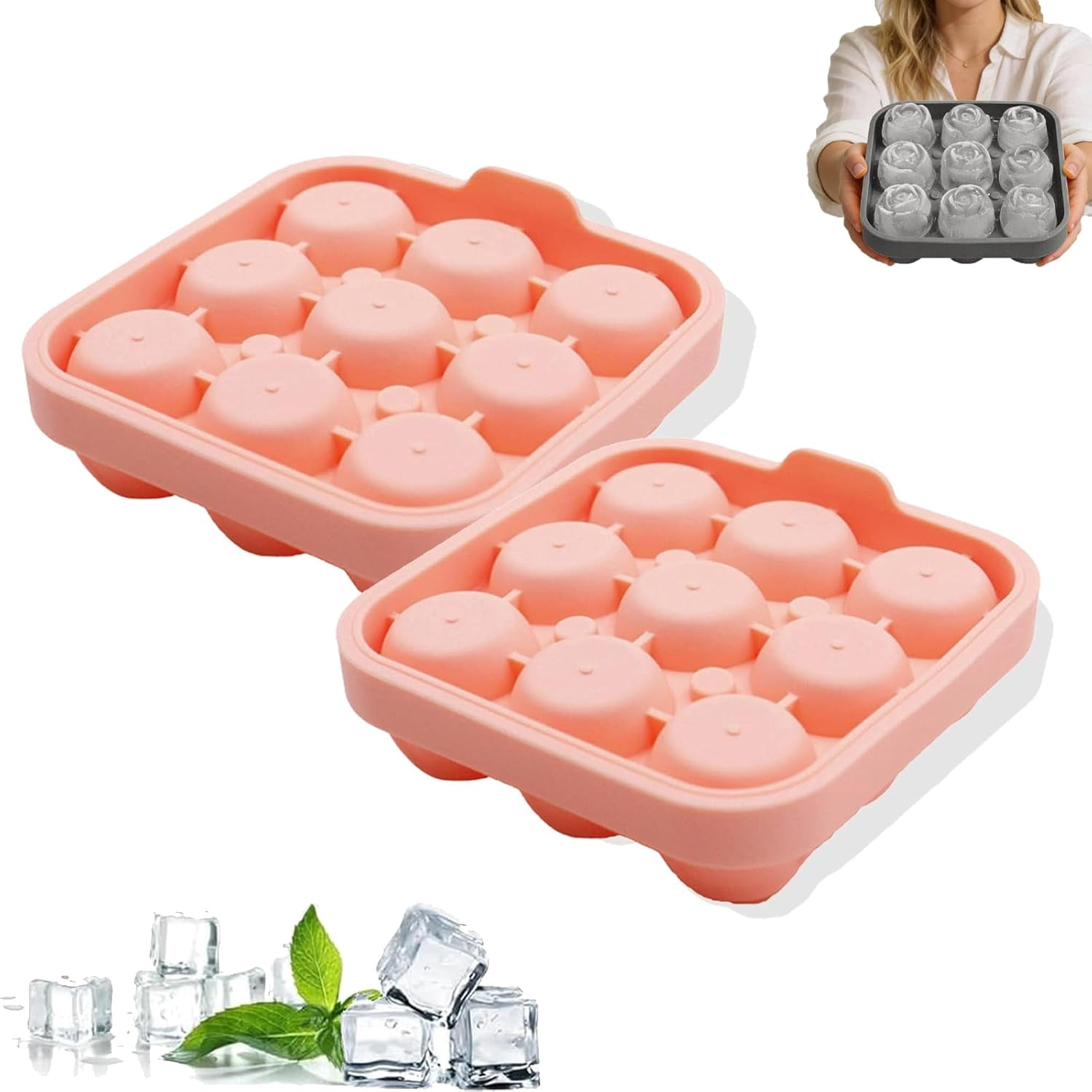 2-Pack Pink 3D Rose Silicone Ice Cube Mold with Lid, 9 Grid Easy ...