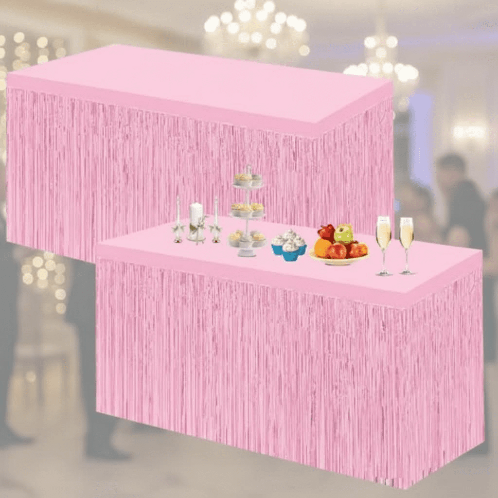 2 Pack Pink Foil Fringe Tinsel Table Skirts for Rectangle Tables, 29 ...