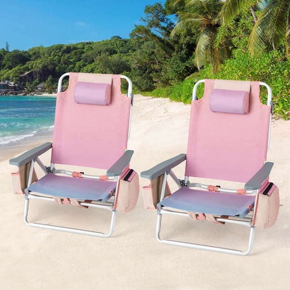 2-Pack Pink Folding Backpack Beach Chair With Pillow, 5-Position ...