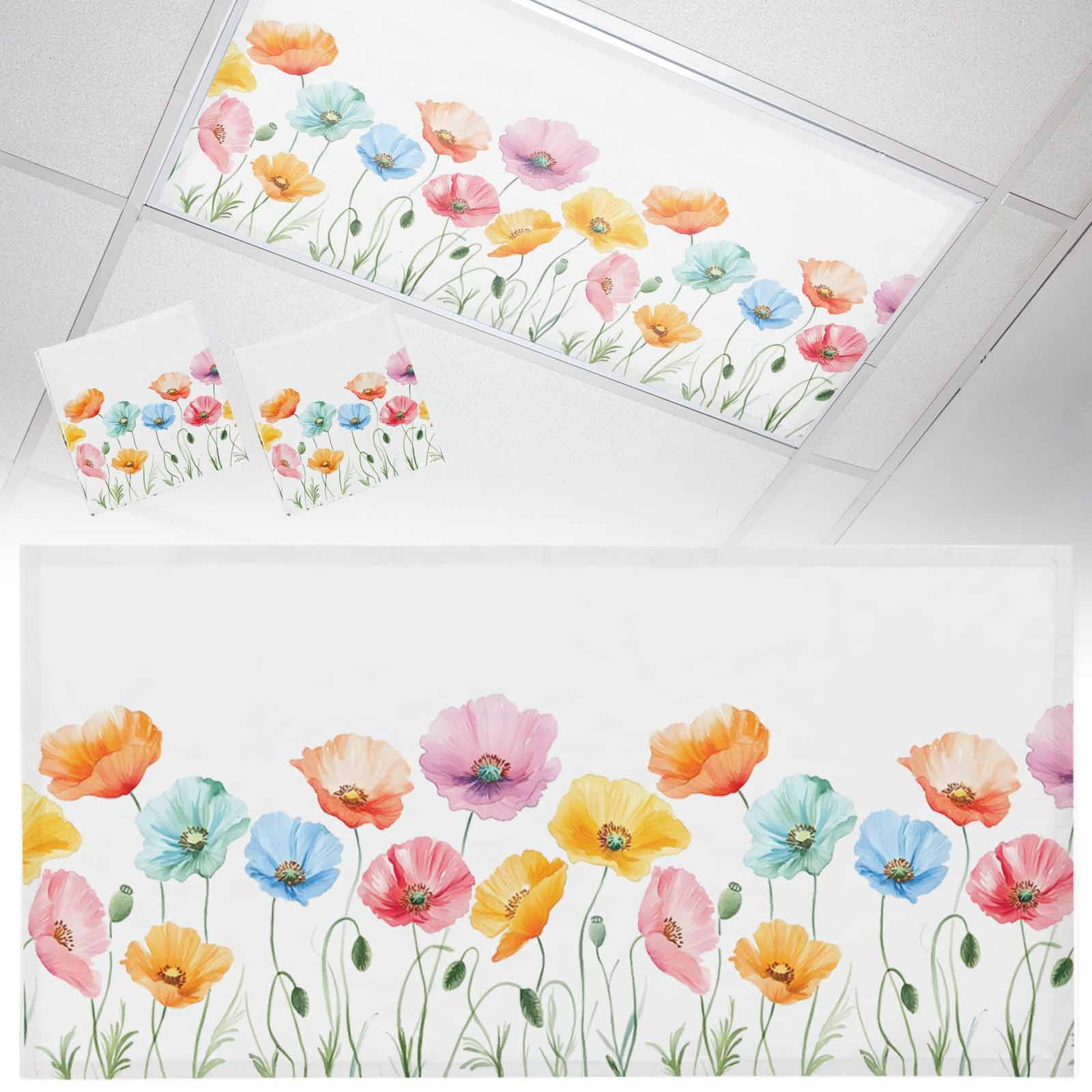 2 Pack Pink Orange Blue Poppy Fluorescent Light Covers for Ceiling Lights Watercolor Flowers ...