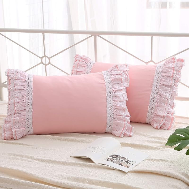 2-Pack Pink Pillow Shams Cases Covers with Ruffles and Lace Cotton ...