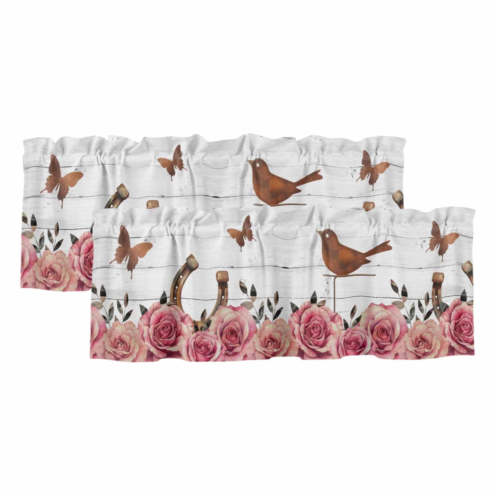 2 Pack Pink Roses Birds Valances for Windows Bedroom Living Room Window ...