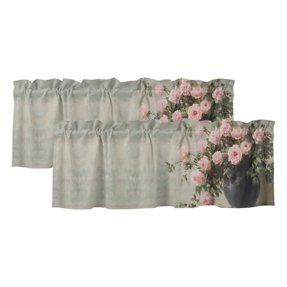 2 Pack Pink Roses Valance for Window Black Vase Floral Plant Romantic ...